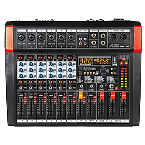 Audio2000'S AMX7382 Six-Channel Powered Audio Mixer with 320 DSP Sound Effects, Stereo Sub Out with Sub-Out Level-Control Fader, Level-Control Faders on All Channels, and USB/Computer Interface
