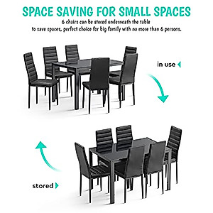 Gizoon Glass Dining Table Sets for 6, 7 Piece Kitchen Table and Chairs Set for 6 Person, PU Leather Modern Dining Room Sets for Home, Kitchen, Living Room Black