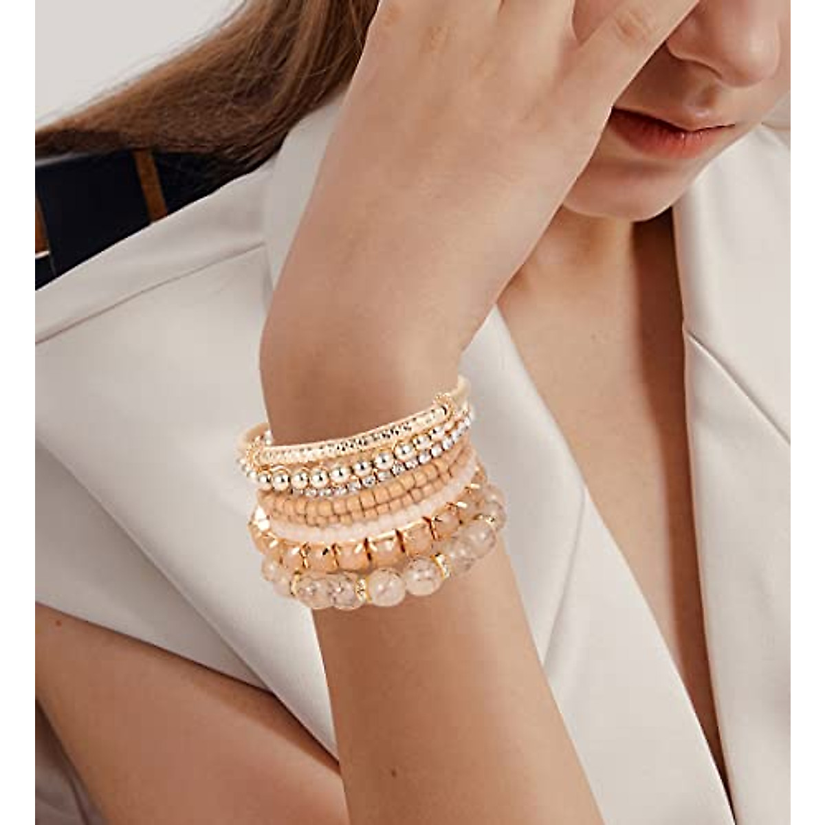 WAINIS 6 Sets Bohemian Stackable Bead Bracelets for Women Multicolor Stretch Beaded Bracelets Layered Bead Adjustable Bracelet Turquoise Stretch Bracelets A