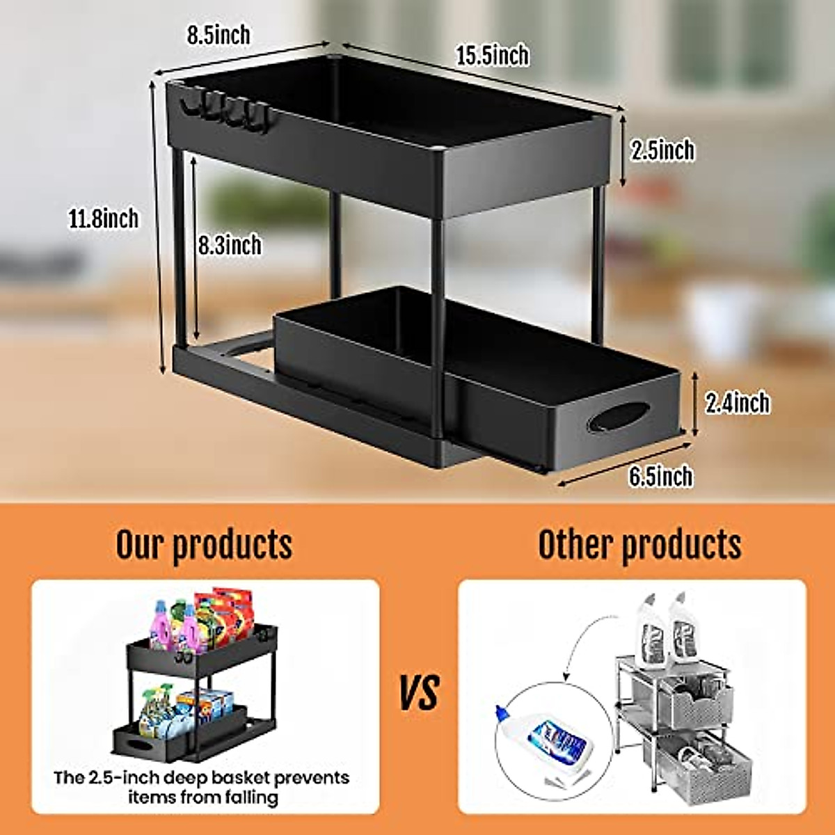 Multi-purpose Under Sink Shelf Organizer - 2-Tier Sliding Storage Drawer Basket Hollow Design Storage Organizer with Hooks,Support Tubes,Antil-slip pads,Suitable for Kitchen Bathroom (Single pull)