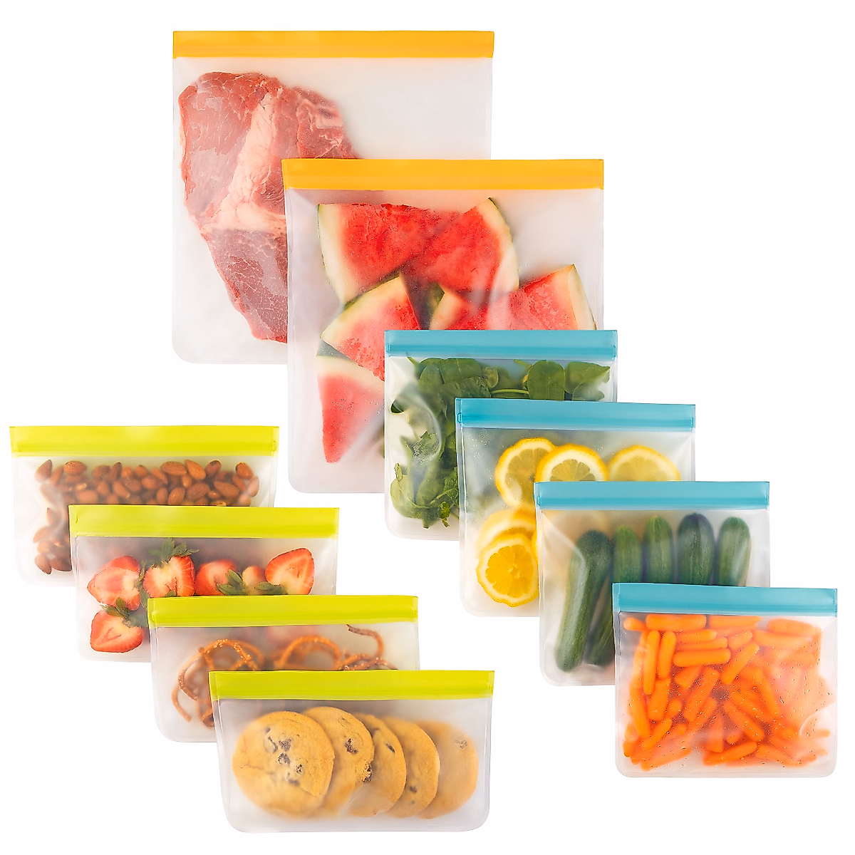 Pack of 10 Freezer Bags - BPA-FREE - Reusable Food Grade Storage Bags - Leakproof, - 2 Gallon Size, 4 Snack Size, 4 Sandwich Bags.