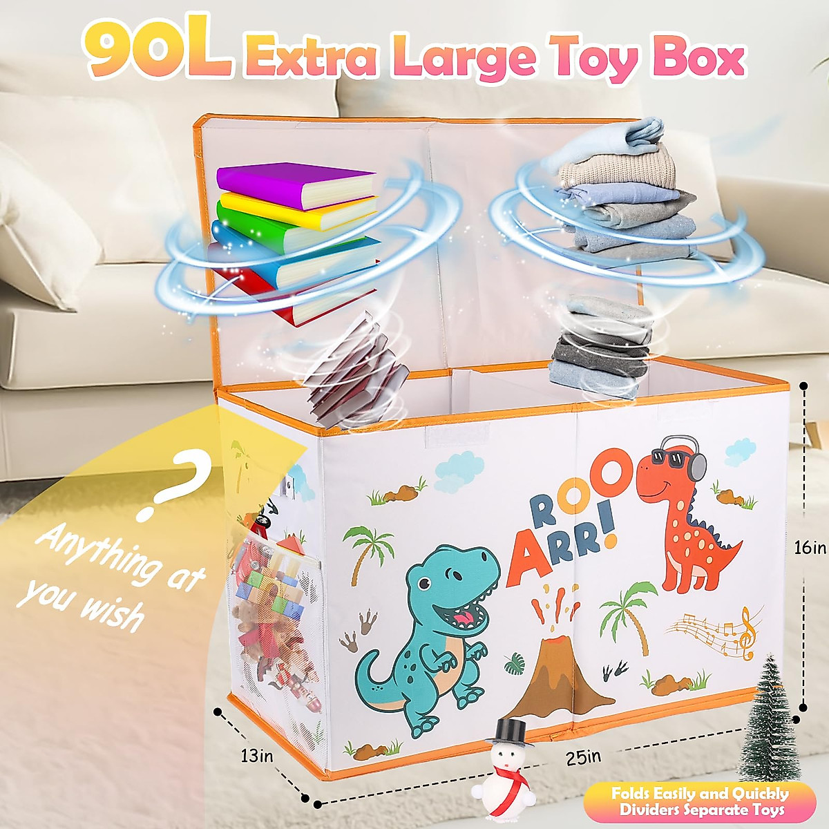 Large Toy Box Chest, Collapsible Sturdy Toy Storage Organizer for Kids, Boys, Girls, 25"x13"x16" Toy Chest Storage Bins with Lids Toy Bins Baskets Boxes for Living Room, Playroom, Nursery, White