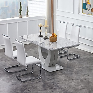 Pvillez 5 Piece Modern Mid-Century Dining Table Set for 4 People, Grey Marble Grain Wood Table and 4 PU Leather Upholstered Chairs, Home Kitchen Furniture