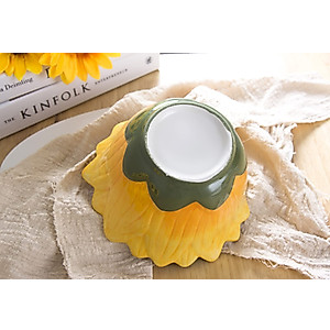 AwakingWaves Kawaii Ceramic Cereal Bowl with Designs, Suitable for Noodles,Desserts, Salad and Soup, Sunflower-Shaped Candy Snack Bowl for Kitchen, Microwave and Dishwasher Safe, Yellow Party Decor