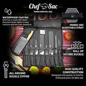 Chef Knife Bag Knife Roll Bag | 9 Slots for Knives Cleaver & Kitchen Utensils | 2 Large Zip Pockets | Padded Shoulder Sling Strap | Best Gift for Professional Chefs & Culinary Students (Black)