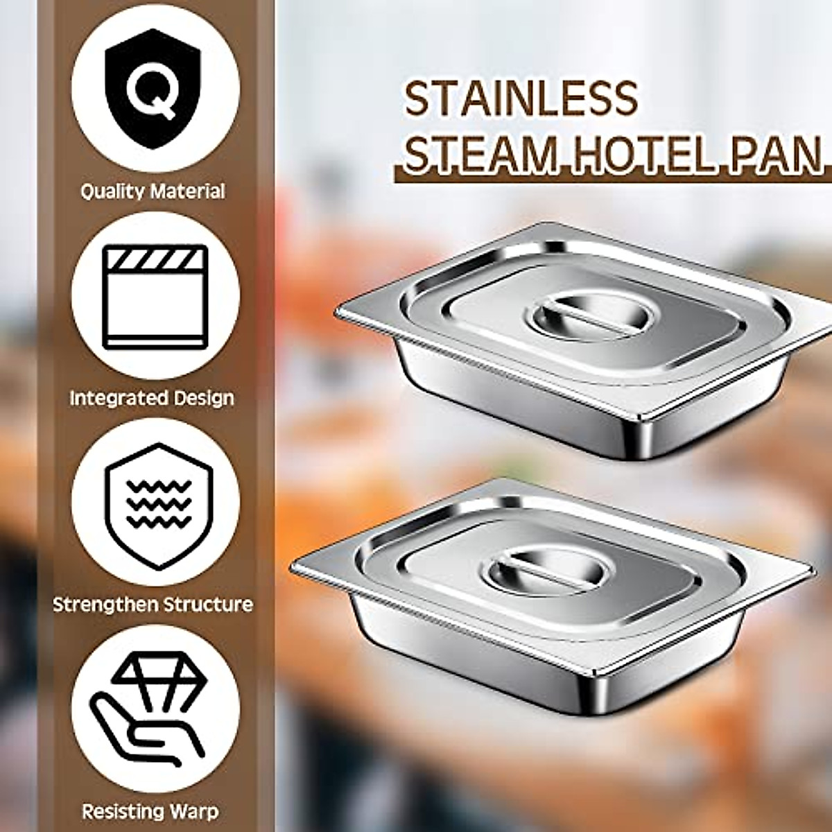 Baderke Stainless Steam Hotel Pans with Lids, 0.7 mm Thick 304 Stainless Steel Hotel Pan Anti Clogging Steam Table Pan for Food Warmer Cooking Heat, Multi Size (4 Pack, 1/2 Half Size x 2.5 Inch Deep)