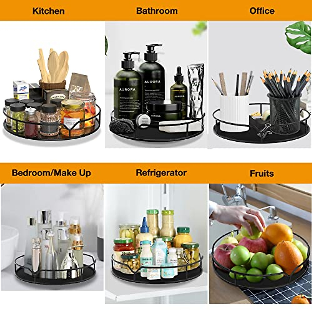 Lazy Susan Turntable Organizer - 9" Metal Rotating Spice Rack for Cabinet Pantry Refrigerator, Black