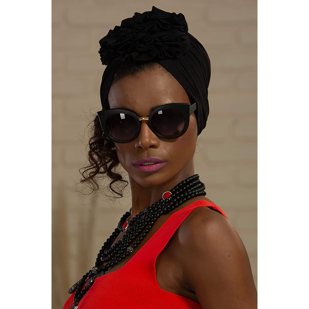 Aisha's Design Instant Turban Head Wraps For Women, 95% Cotton Pretied Hijab Scarves, Rose Detail, Black