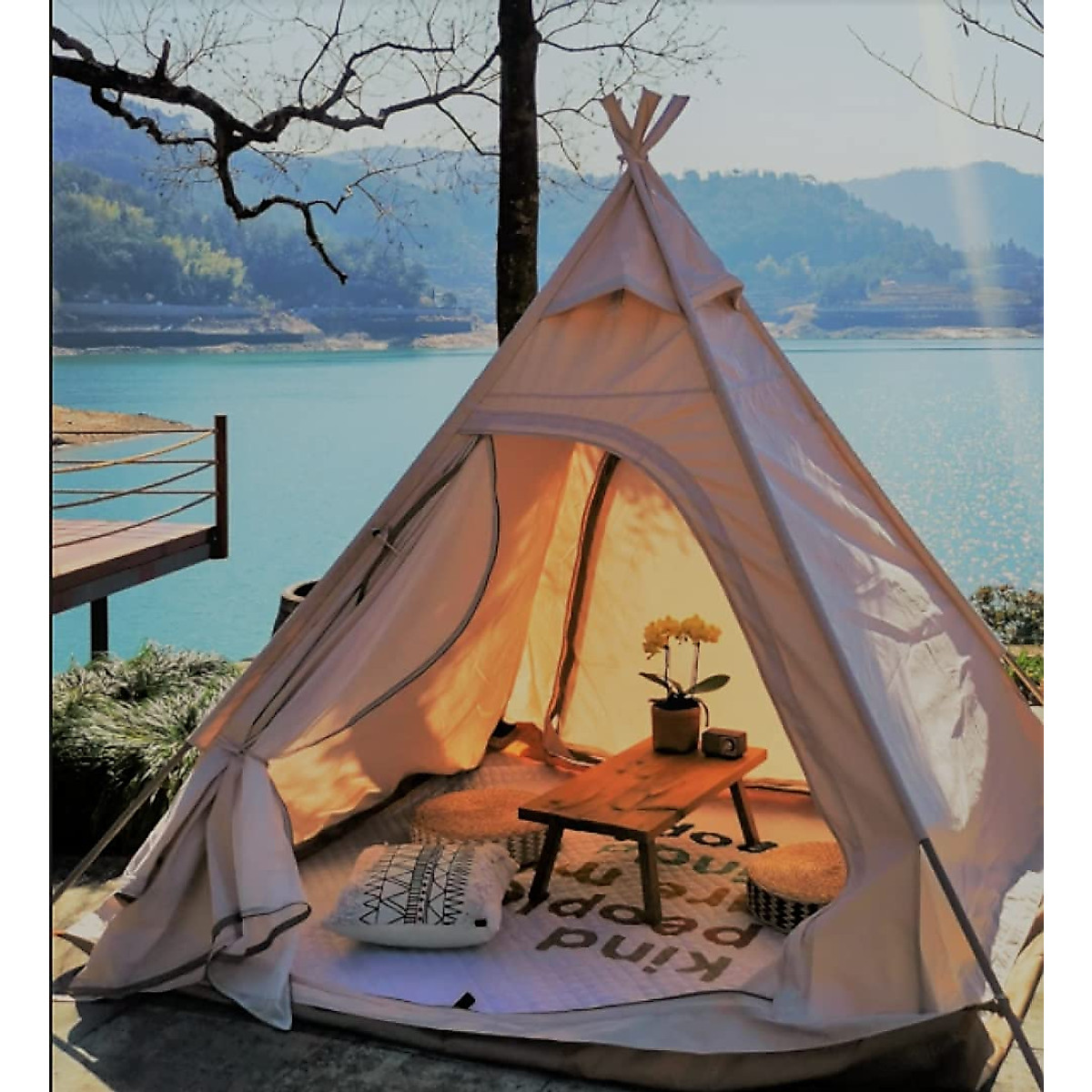 7’x7’x6.5’Outdoor Cotton Canvas 2-3 Person 3 Seasons Bell Teepee Tent with Double Door Spire Tent Pyramid Tents for Family Camping