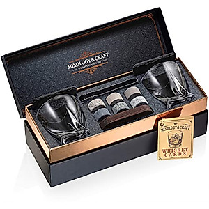 Whiskey Stones Gift Set for Men | Whiskey Glass and Stones Set with a Classy Gift Box, 6 Granite Round Whiskey Stones and 10oz Whiskey Glasses | Whiskey Lovers Gifts for Men, Dad, Husband, Boyfriend