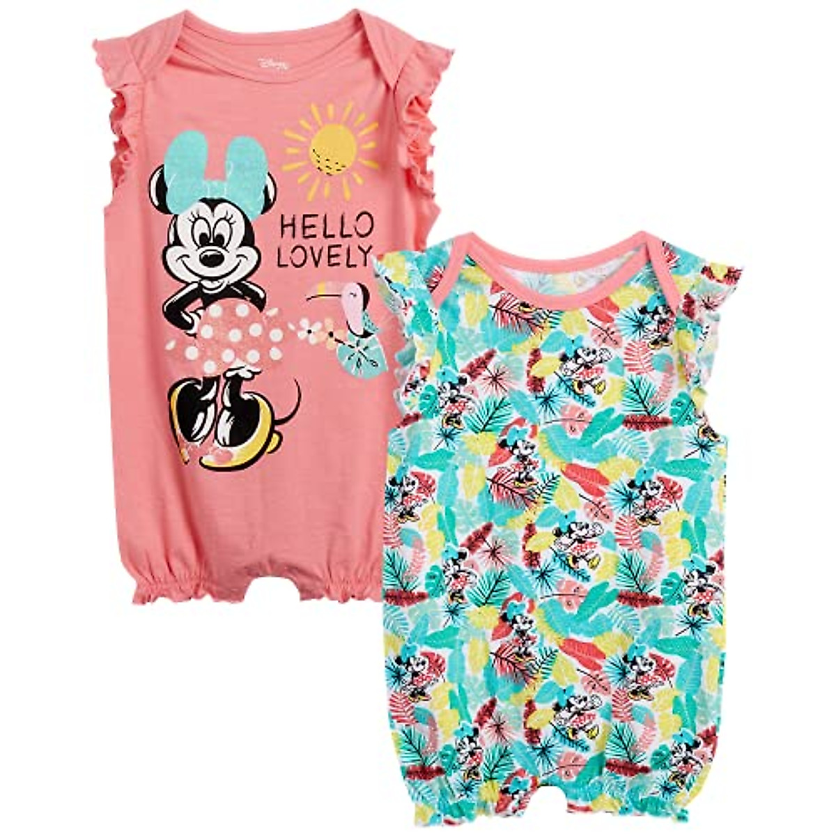 Disney Baby Girls Romper - 2 Pack Ruffled Short Sleeve Baby Jumpsuit Romper - Cozy Baby Clothes for Girls (Newborn/Infant), Size 24M, Minnie Pink Hello Lovely
