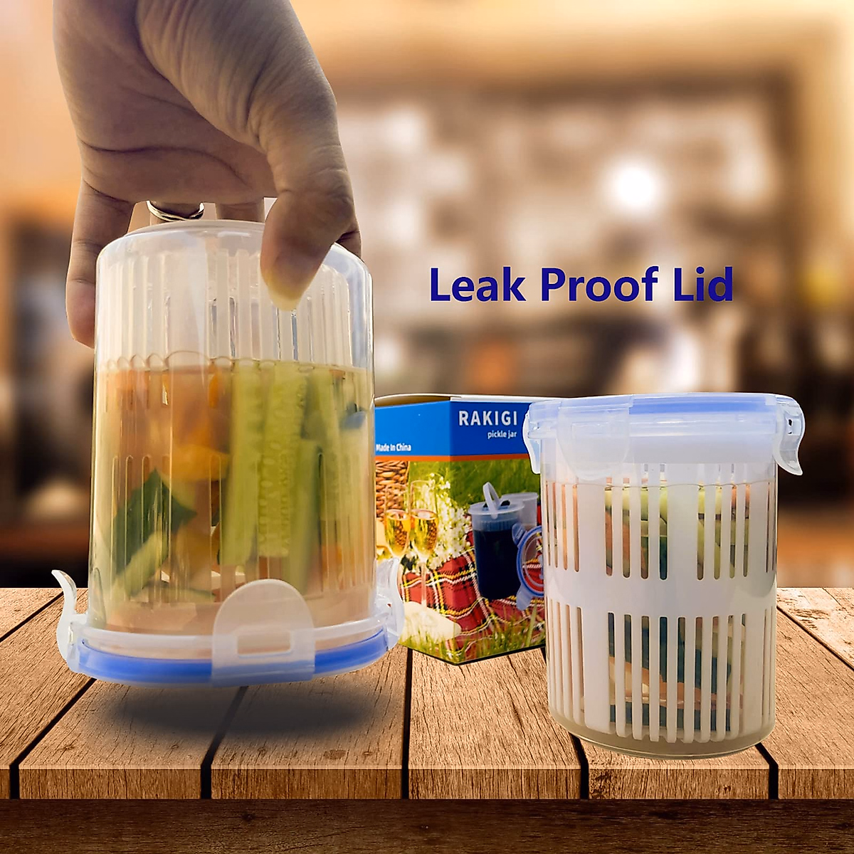 RAKIGI Plastic Pickle Jar with Strainer Flip Pickle Storage Container with Strainer Insert Bucket of Pickles with Leak Proof and Lock It Lid for Dry and Wet Separation of Cucumbers Jalapenos Food
