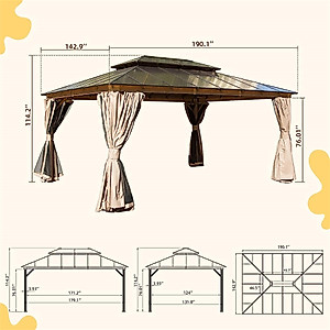 Goohome 12 x 16FT Hardtop Gazebo, Aluminum Frame Double Roof Gazebo with Mosquito Net and Curtains, Outdoor Permanent Hard Top Waterproof Pergola for Shade and Rain for Lawn, Backyard, Deck