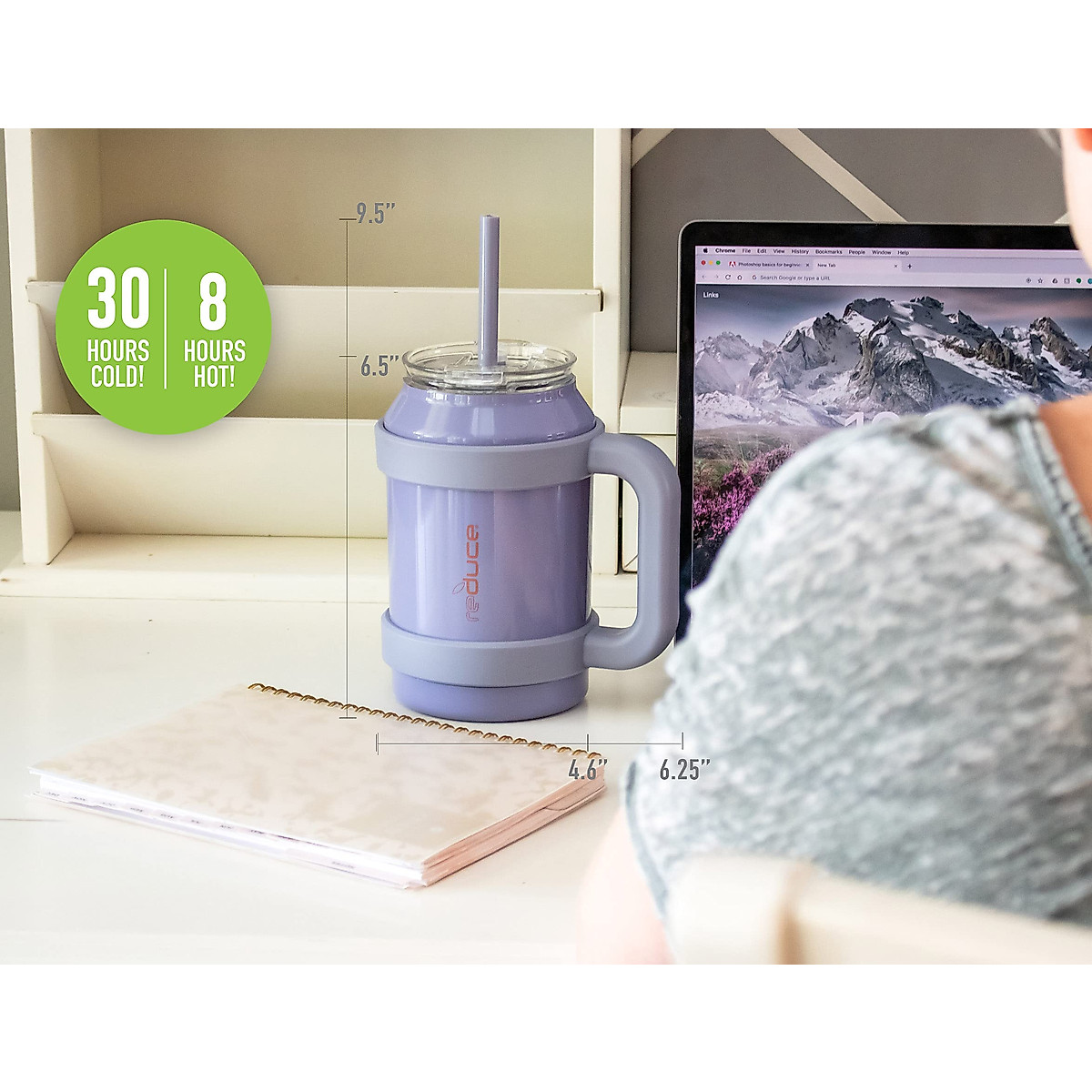 Reduce 32 oz Mug Tumbler, Stainless Steel with Handle - Keeps Drinks Cold up to 30 Hours - Sweat Proof, Dishwasher Safe, BPA Free - Mild Mint, Opaque Gloss