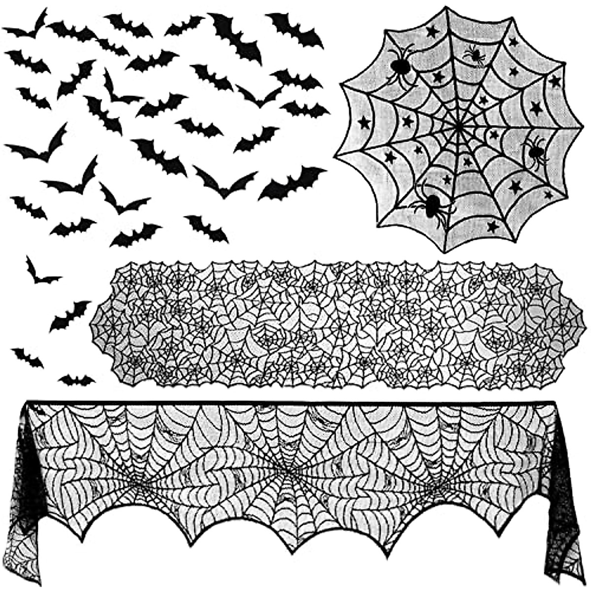 ZeeDix 39 Pcs Halloween Decorations Include Black Lace Spiderweb Round Tablecloth, Fireplace Scarf, Rectangle Table Runner and 36 Bats Wall Stickers for Halloween Home Party Decor