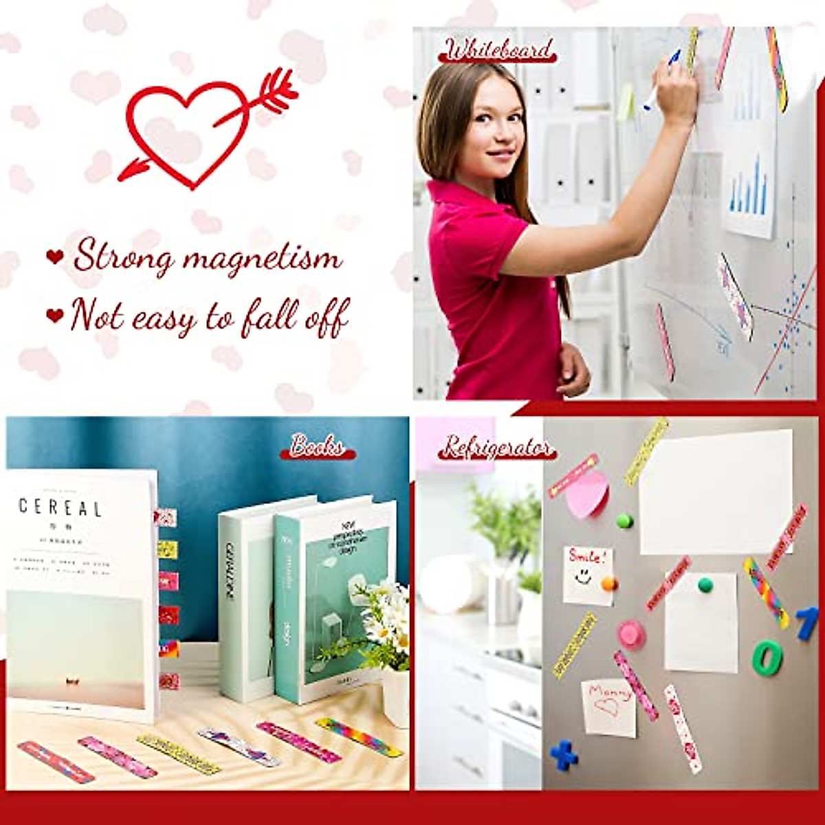 48 Pack Valentine's Day Magnetic Bookmark for Kids Women with 48 Valentine's Stickers Assorted Stationery Rewards Gifts in 12 Different Designs Book Reading Accessories Classroom Party Supplies