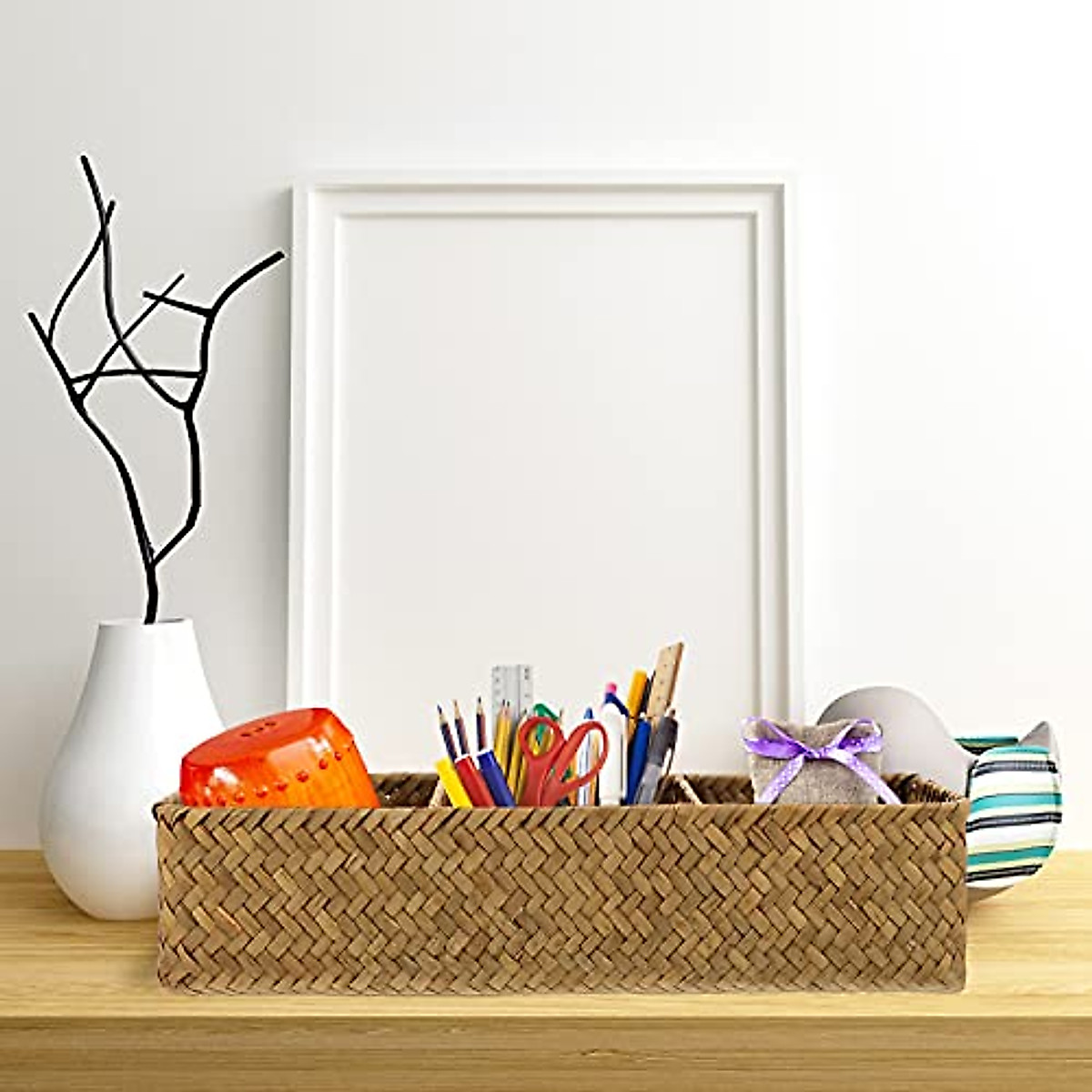 YARNOW Woven Shelf Baskets Storage Baskets Seagrass Wicker Baskets Makeup Holder Organizer Divided Storage Bins Box Container Sundries Organizer Cosmetic Storage Box for Bedrooms Home