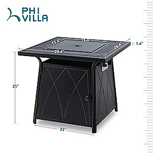 PHI VILLA 28 Inch Gas Fire Pit Table, 50000 BTU Square Outdoor Propane Fire Pit Table with Lid and Blue Fire Glass for Patio, Backyard and Garden, Black