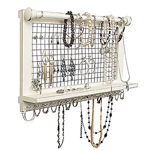 Besti Wooden Wall Mount Organizer for Jewelry - Organizing Accessories Holder with Rustic Vintage Design - Bracelet Rod, Shelf, Metal Hooks - Hanging Storage and Display for Earrings, Necklaces, Rings