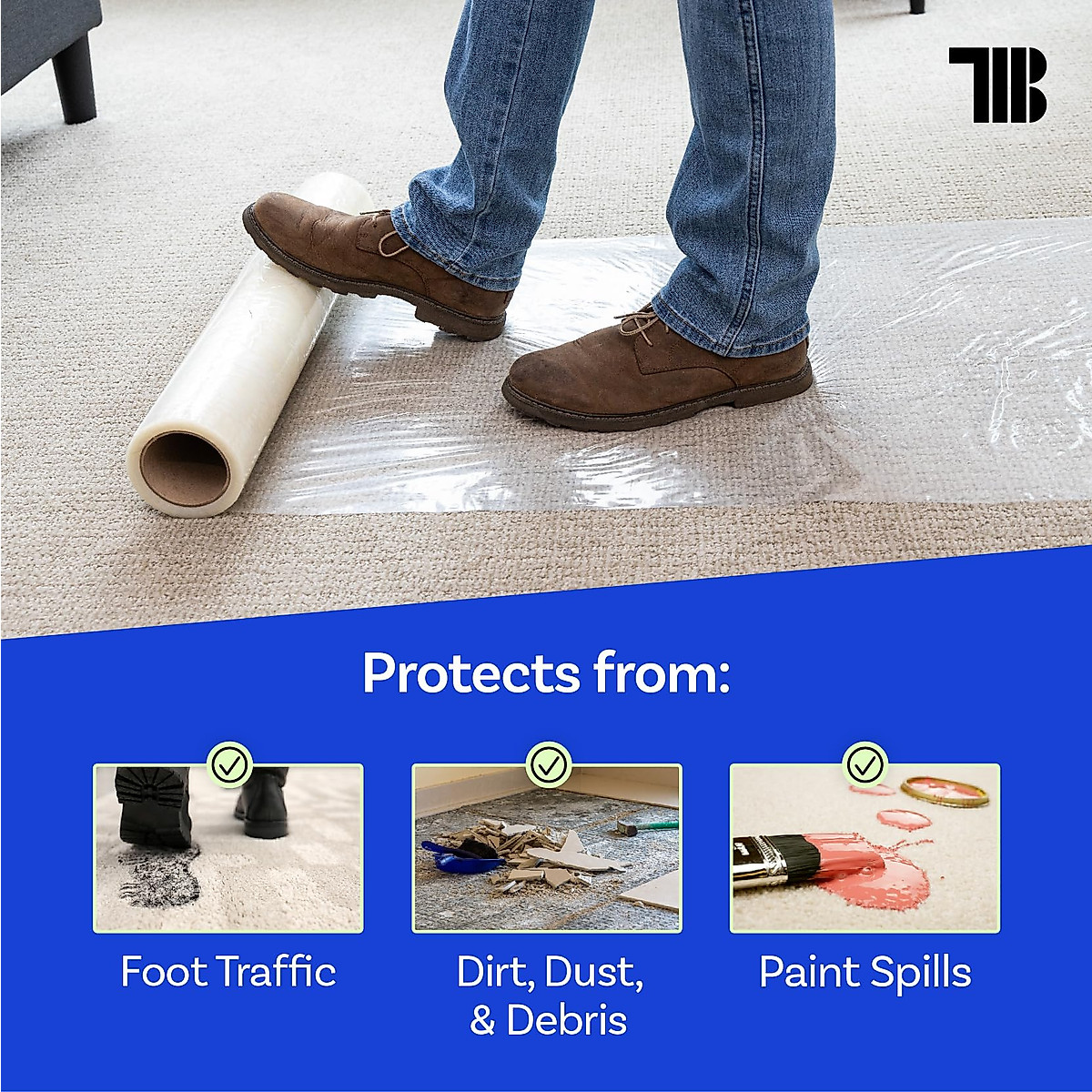 Carpet Protector Film 30" x 200' roll. Made in The USA! Easy Unwind, Clean Removal, Strong and Durable Carpet Protector. Clear, Self-Adhesive Surface Protective Film.