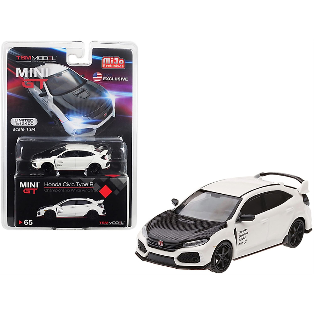 Civic Type R (FK8) Championship White w/Carbon Hood & TE37 Wheels Limited Edition to 2400 pcs 1/64 Diecast Car by True Scale Miniatures MGT00065