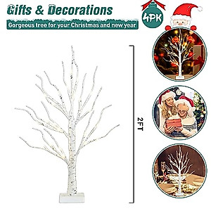 PEIDUO Christmas Tree, Christmas Table Decorations, 2FT Birch Tree with LED Lights, Warm White Tree Lamp, Fairy Light Spirit Tree for Xmas Room Inside Mantel Decor, Battery Powered, 6H/18H Timer (4PK)