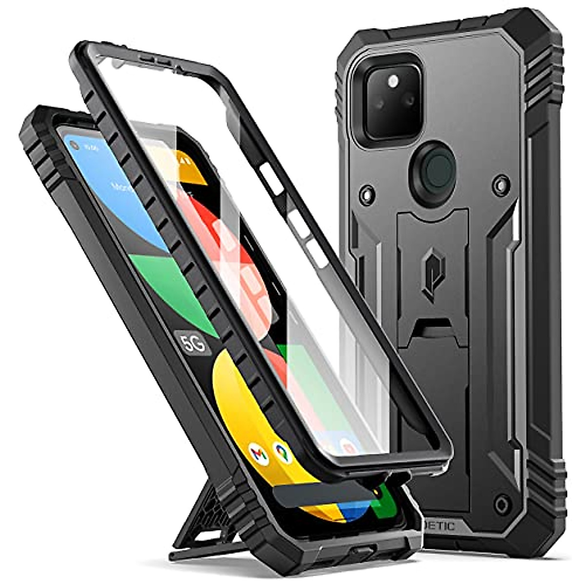 Poetic Revolution Series Case for Google Pixel 5A 5G, Full-Body Rugged Dual-Layer Shockproof Protective Cover with Kickstand and Built-in Screen Protector, Black