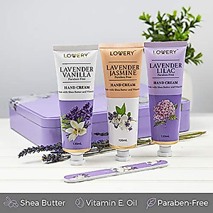 Birthday Gifts Lavender Hand Lotion Set, 3 Luxury Hand Creams Gift Set, Lavender Jasmine, Lavender Lilac, Lavender Vanilla, Nail Filer in a Metal Box with Vitamin E & Shea Butter, Paraben Free