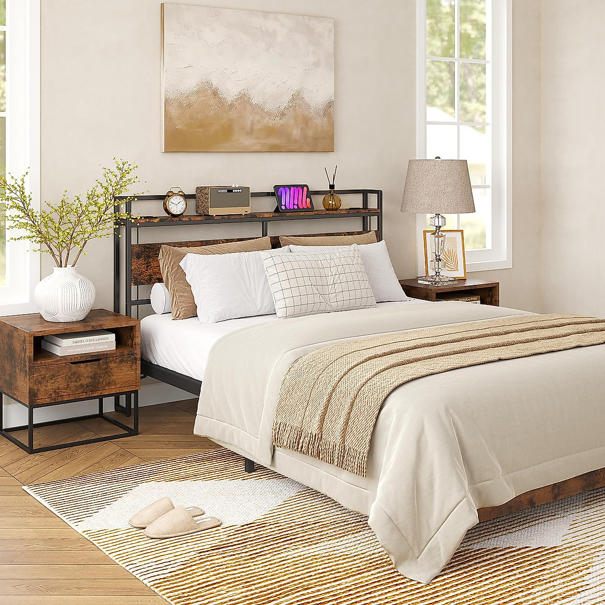 ELYKEN Queen Size Headboard Only with Power Outlet & Colorful LED Strip Light, Headboard for Adaptable Bed Frame Brackets Adapter, Heavy Duty Queen Headboard, Easy Assembly, Rustic Brown