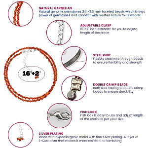 Gempires Carnelian Beads Necklace, Real Crystal July Birthstone Jewelry With 16 + 2 Inch Silver Plated Adjustable Chain, Gift for her (Carnelian)