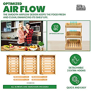 GET SORTED Bamboo Fruit Basket 3 Tier — 33+ Lbs Capacity, 12mm Thickness, Raised Bottom & 2 Hooks — Ideal for Bread, Toiletries, Snacks, Seasonings - Fruit Bowl for Kitchen Counter, Dining Table, etc