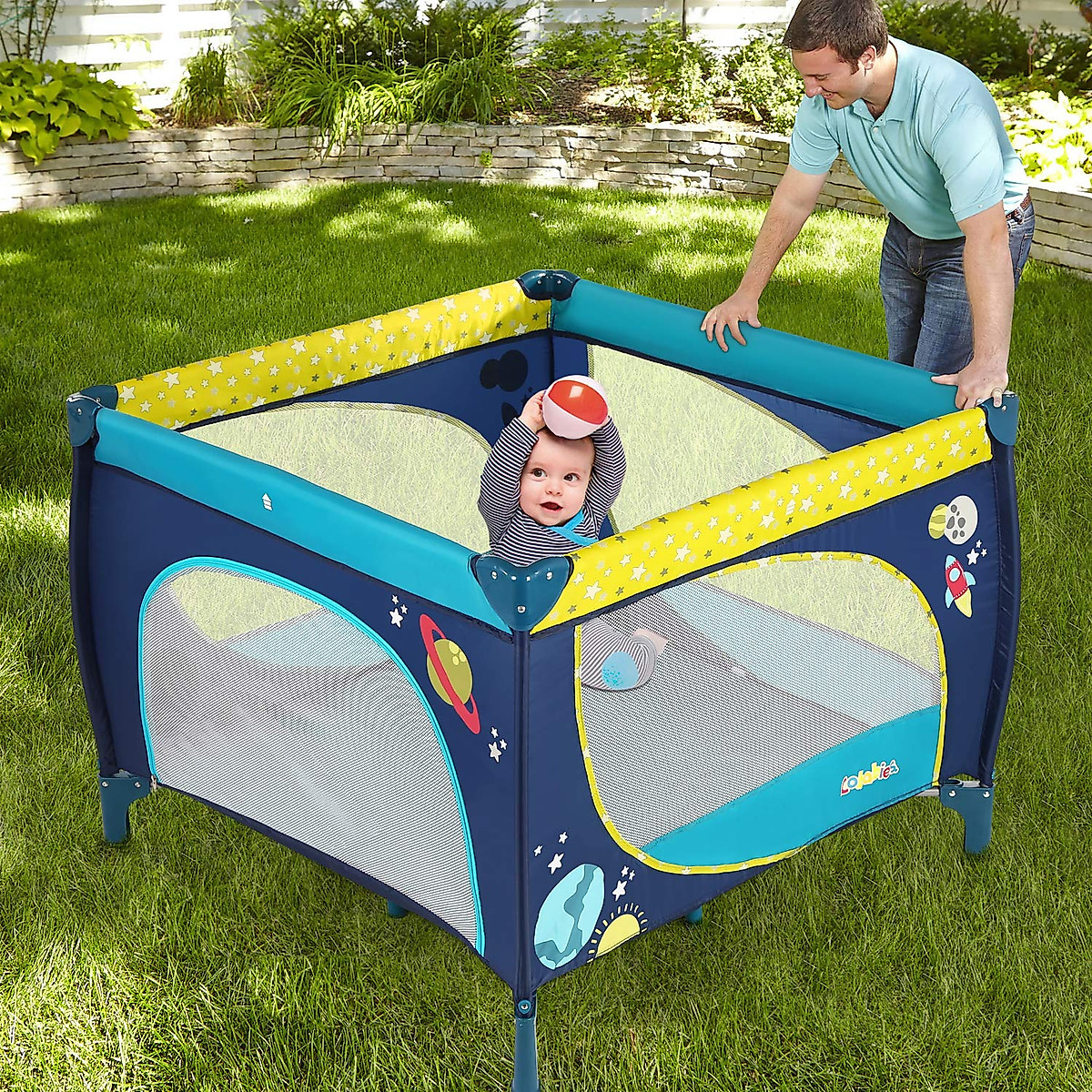 Baby Play Portable Playard Play Pen with Mattress Safety Baby Playard with Door Activity Center for Toddler Boys Girls Fun Time Indoor and Outdoor 39inch x 39inch（Blue）