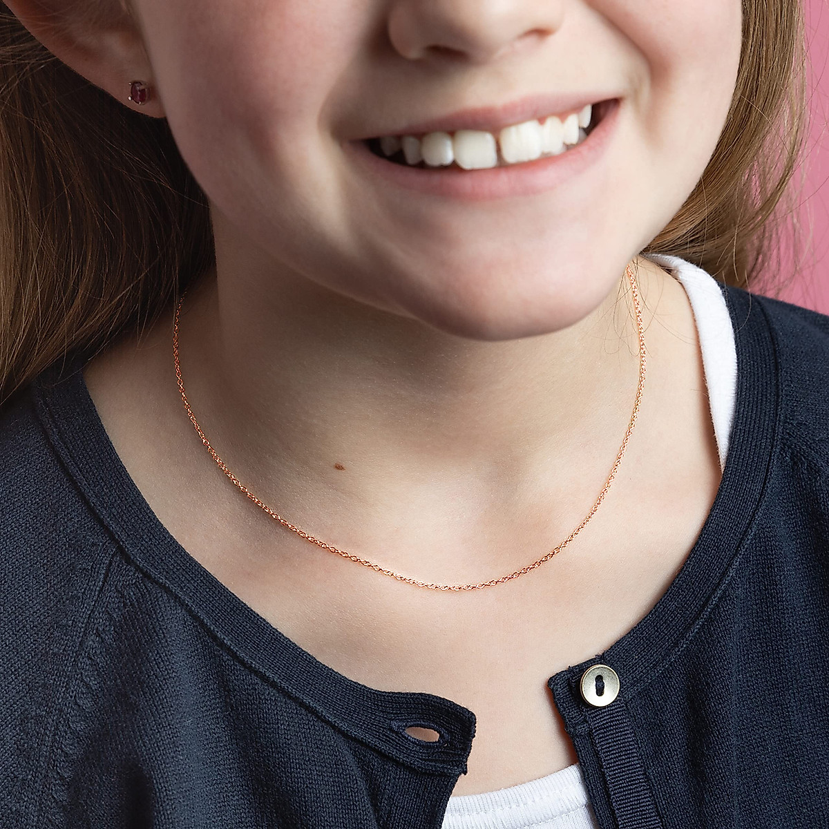 KEZEF Cable Chain Necklace Sterling Silver Italian 1.3mm Rose Gold Plated Nickel Free 14 inch