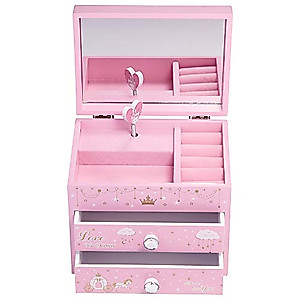 BEAUDORA Jewelry Music Box Wooden Pink Princess Dream Castle Storage Organizer Chest Girls Gift For Alice Melody