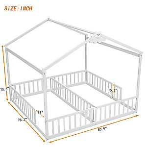 Luckiofvonne Double Twin Bed Frames for Kids, Twin House Bed for 2, Wood Montessori Floor Beds Frame with Fence Railings, Two Shared Beds for Boys Girls Teens, White