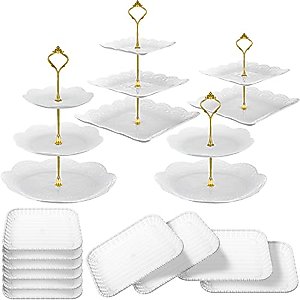 14 Pieces Tiered Cupcake Stand Set Gold 2-Tier 3-Tier Serving Stand Tower Tray with Round Rectangle Food Serving Trays Long Slim Dessert Stand for Party Baby Shower Wedding (White Lace Style)