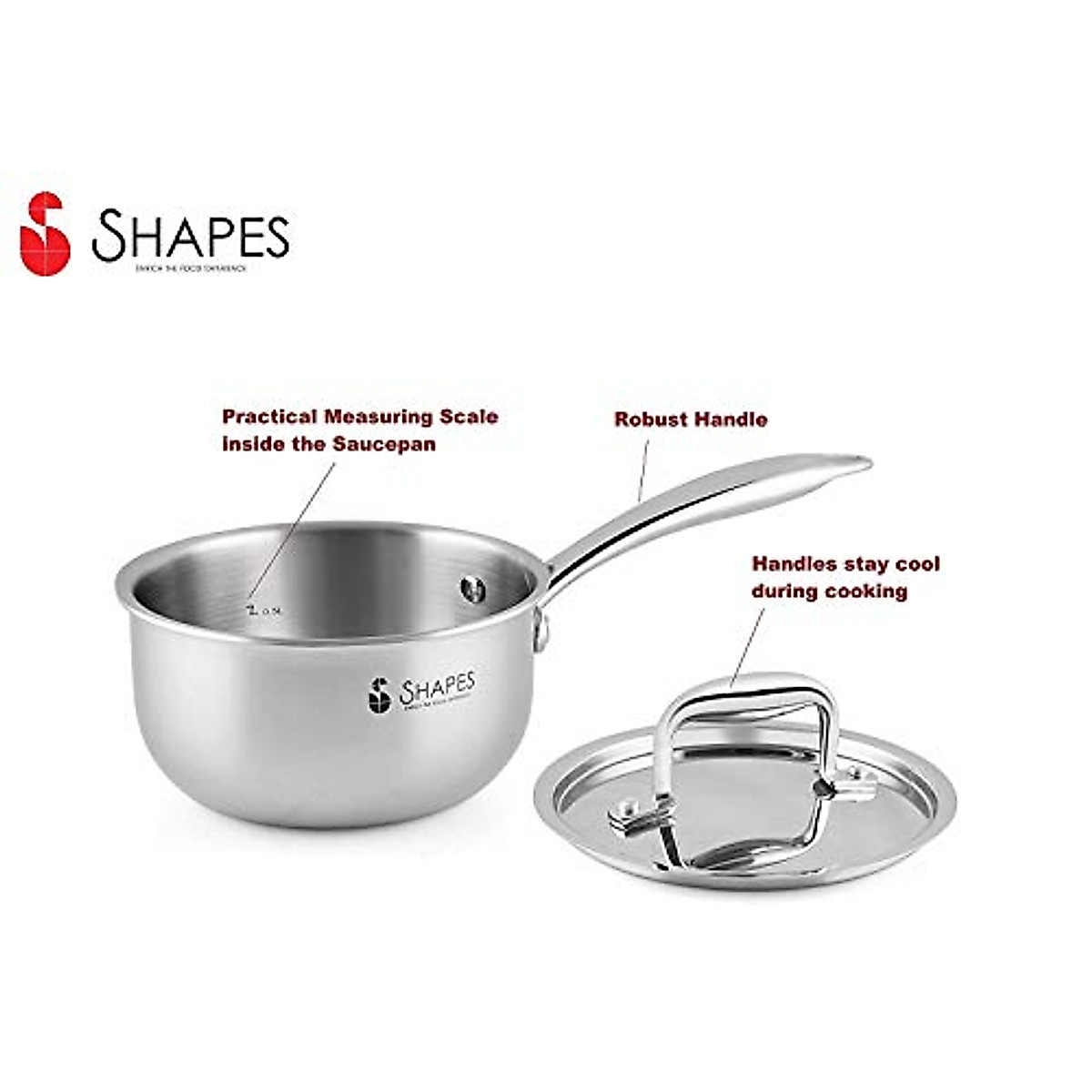 Shapes Stainless Steel Tri-Ply Saucepan - 1 Quart, Silver - Multipurpose Sauce Pan, Cooking Pot - Use for Home, Kitchen and Restaurant - Induction Ready - Easy to Clean and Dishwasher Safe