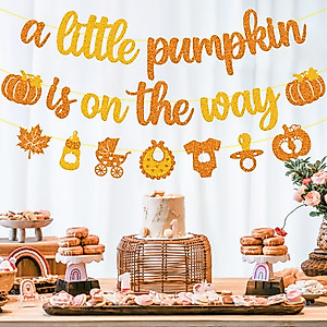 A Little Pumpkin is on The Way Banner Glitter Orange Gold Little Pumpkin Baby Shower Party Decoration Little Girl Boy Fall Pumpkin Autumn Harvest Theme A Little Pumpkin is on the His Way Gender Reveal