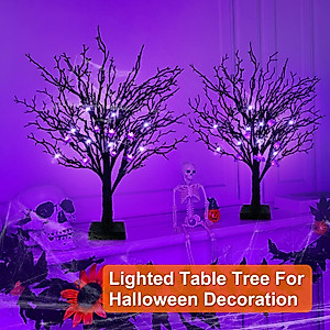[ 2 Pack & Timer ] 24 Inch Prelit Halloween Black Tree Halloween Decorations Artificial Spooky Tree Battery Powered Total 48 LED Purple Lights DIY 25 Spider & 25 Bat Tabletop Indoor Home Party Decor