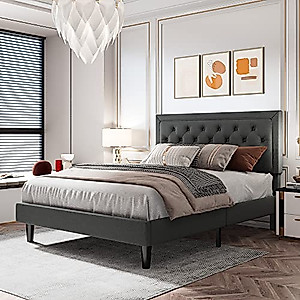 Einfach Queen Size Modern Deluxe Platform Bed Frame Button Tufted Fabric Upholstered Bed Frame with Adjustable Headboard/Strong Wood Slats Support/Mattress Foundation/Easy Assembly, Dark Grey