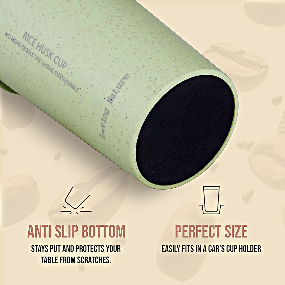 Loving Nature Rice Husk Cup, 14oz, BPA-Free, Double Wall Insulation, Reusable for Coffee Drinks, On-The-Go Travel Mug, Screw Tight Lid, Textured Grip, Lightweight, Water Bottle, Gifts (Green)