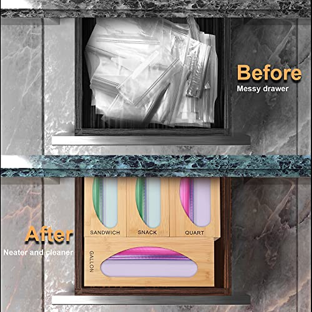 Urvoix Ziplock Bag Storage Organizer, 4 Pcs Baggie Organizer, Bamboo Ziplock Bag Organizer for Drawer Kitchen Compatible with Gallon, Quart, Snack & Sandwich Variety Size Bags