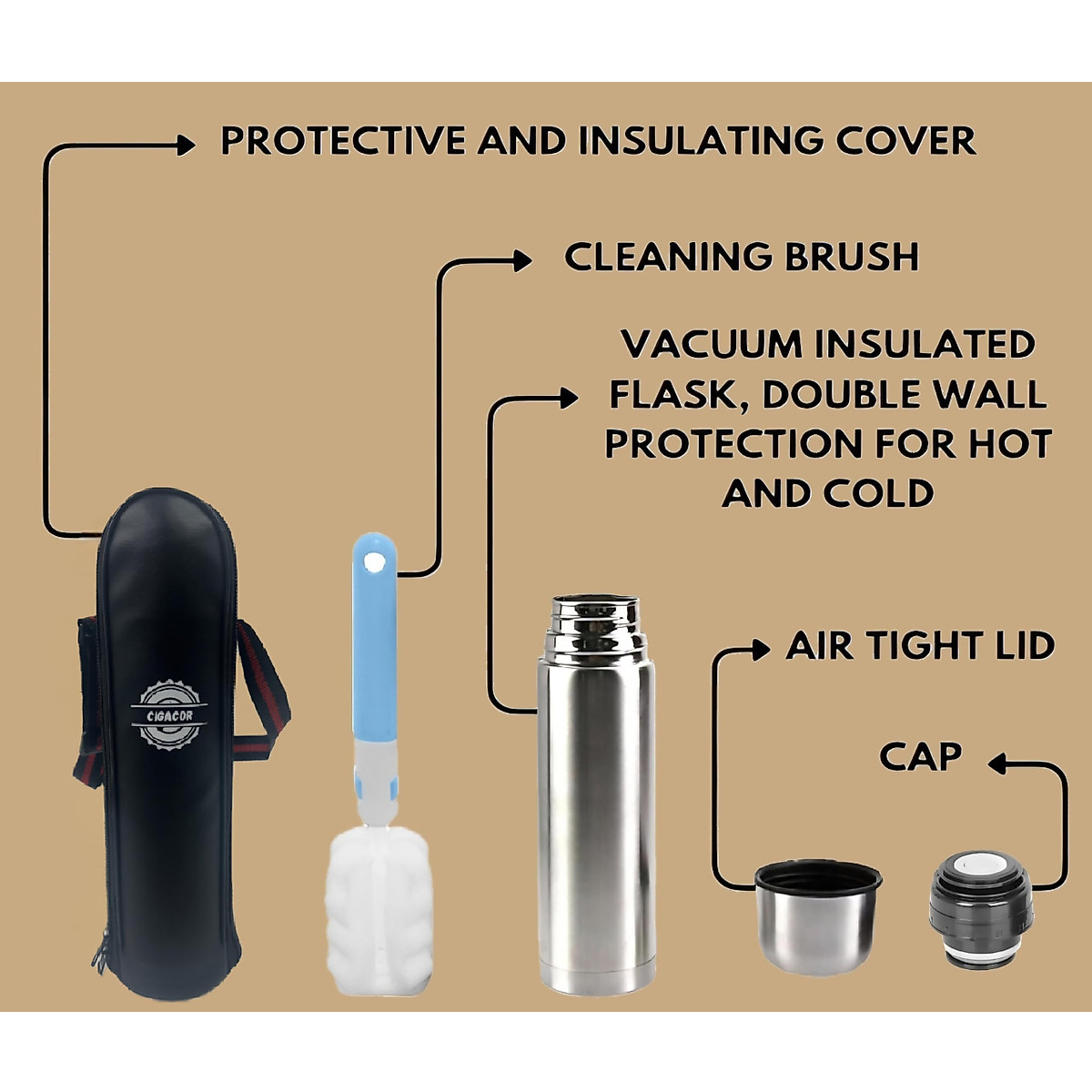 CIGACOR Stainless Steel Thermal Bottle – 17oz Coffee Thermos – Keeps Drinks Hot for 12H / Cold for 24H – Leakproof Lid – Compact & Portable for Car, Office, Gym & Travel – Double Wall Insulated