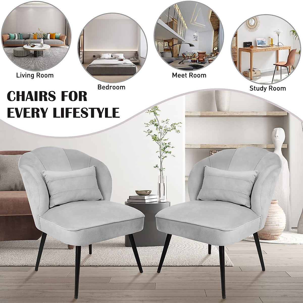 DEARYOU Grey Velvet Chairs Set of 2,Dinning Accent Upholstered Chair for Dining Room,Modern Living Room Chairs for Living Room,Vanity Chair for Bedroom(Grey, 2pcs)