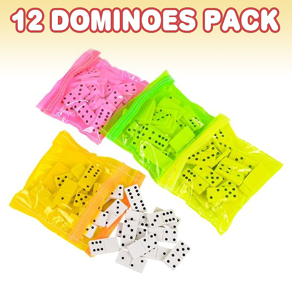 ArtCreativity Domino Game Set - Pack of 12 - Each Domino Set Includes 28 Pieces Per Neon Pink, Yellow, Green and Orange Bags - Great School, Carnival Prizes - Awesome Party Favor - Fun Game for Kids