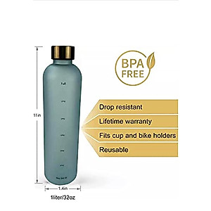 Water Bottle With Time Marker 32 OZ 1 Liter Motivational Reusable Water bottles BPA Free copper bottle (BLUE)