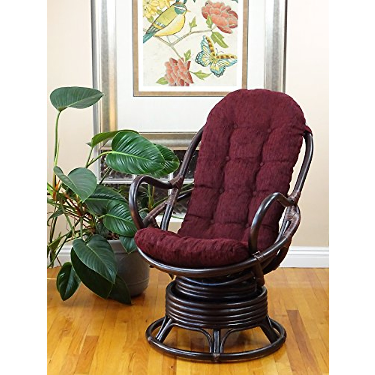 Lounge Swivel Rocking Java Chair Natural Rattan Wicker Handmade with Dark Brown Cushion, Dark Brown