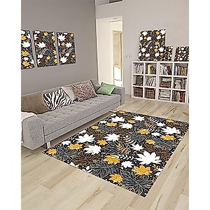 Autumn Maple Leaves Large Rectangular Area Rugs 5' x 7' Living Room, Yellow White Gold Leaf Black Backdrop Durable Non Slip Rug Carpet Floor Mat for Bedroom Bedside Outdoor