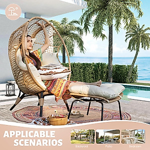 OUTPLATIO 2 Pieces Egg Chair Wicker Patio Egg Chair with Ottoman Rattan Teardrop Cuddle Cocoon Chair for Indoor Outdoor Bedroom Porch Backyard Deck Garden (2 pcs,Beige)