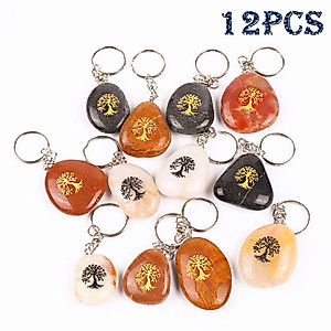 ROCKIMPACT 12PCS Life Tree Inspirational Stone Key Chains, Engraved Natural River Rock Key Rings, Pocket Stone Keychain, Bulk Word Stone Wholesale Keyring (Pack of 12, Tree of Life)